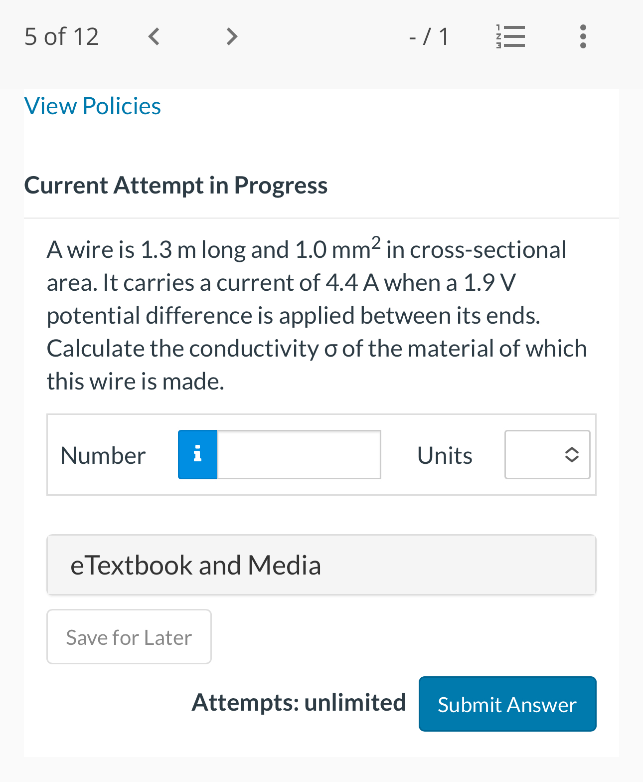 Solved 5 ﻿of 12-1:View PoliciesCurrent Attempt in ProgressA | Chegg.com