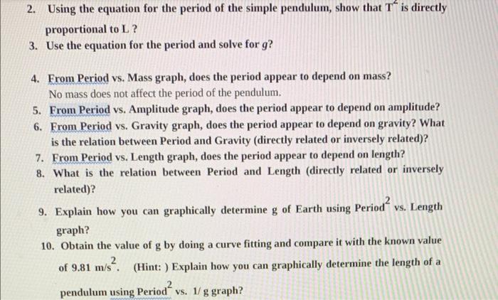 Solved 2. Using the equation for the period of the simple | Chegg.com