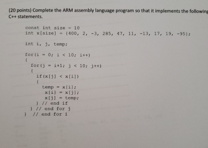 Solved (20 points) Complete the ARM assembly language | Chegg.com