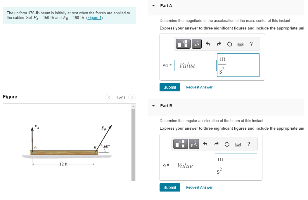 Solved Part AThe uniform 170 -lb beam is initially at rest | Chegg.com