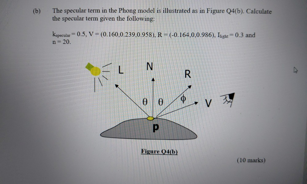 Solved (b) The specular term in the Phong model is | Chegg.com