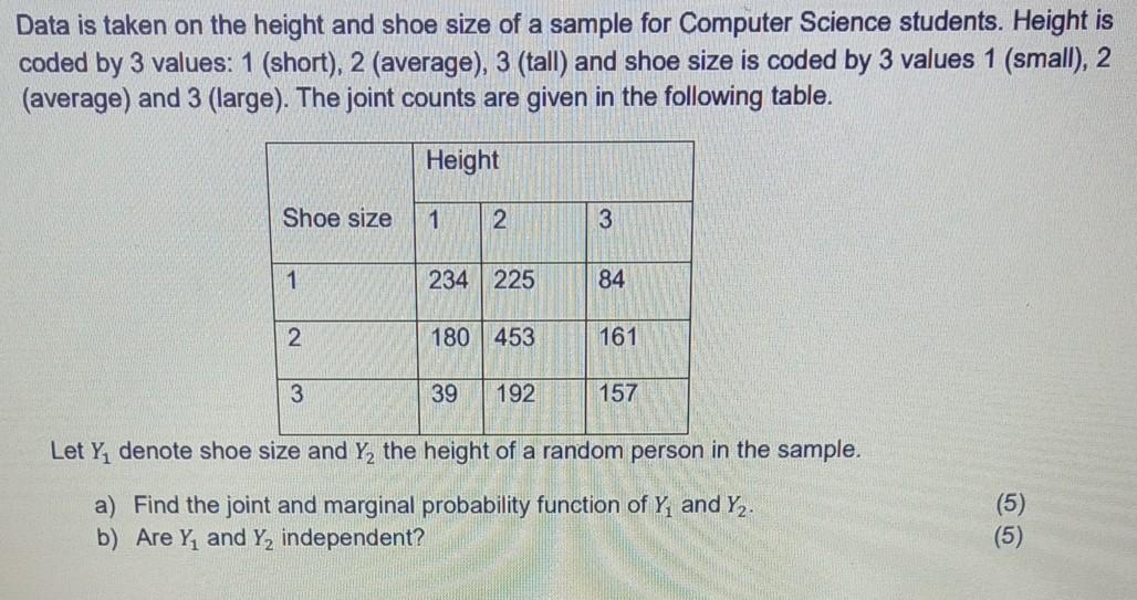 Solved Data is taken on the height and shoe size of a sample | Chegg.com