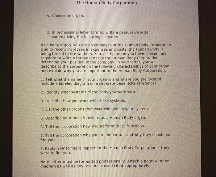 Solved The Human Body Corporation A. Choose an organ. B. In | Chegg.com