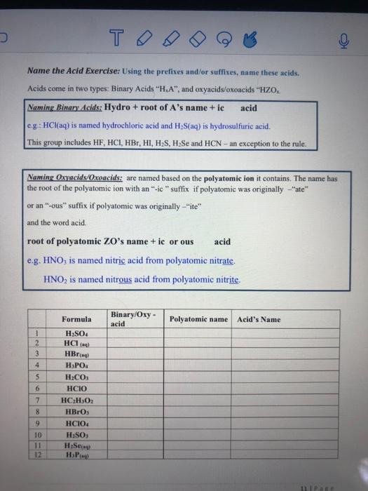Solved TOO е Name the Acid Exercise: Using the prefixes | Chegg.com