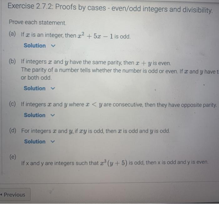 Solved Exercise 2.7.2: Proofs by cases - even/odd integers | Chegg.com
