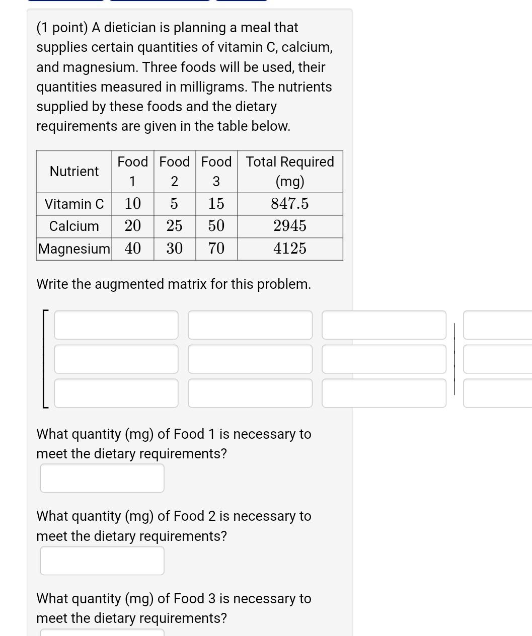 Solved (1 ﻿point) ﻿A dietician is planning a meal that | Chegg.com