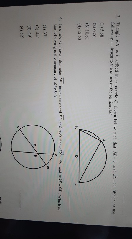 Solved 3. Triangle KJL is inscribed in semicircle O shown | Chegg.com