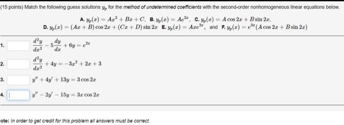 Solved (15 points) Match the following guess solutions yp | Chegg.com