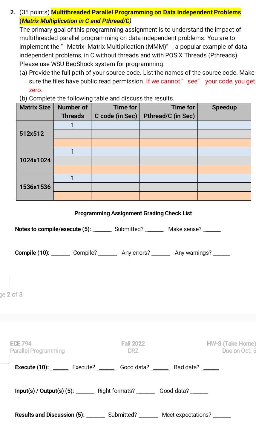 2. (35 points) Multithreaded Parallel Programming on | Chegg.com