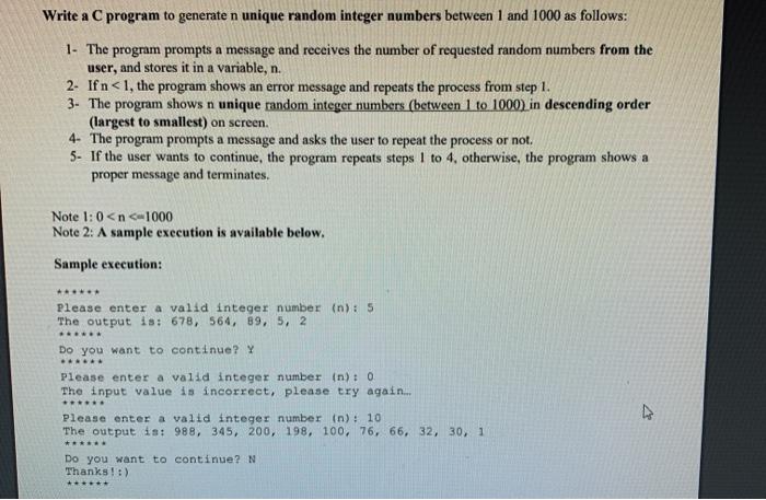 Solved Write A C Program To Generate N Unique Random Integer