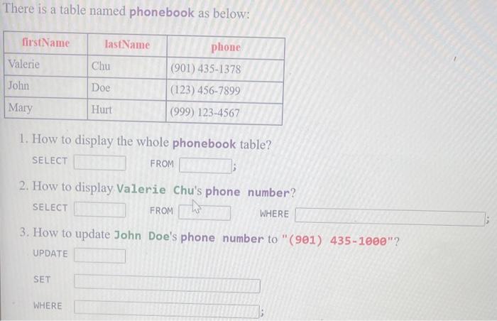 Solved There is a table named phonebook as below: 1. How to | Chegg.com