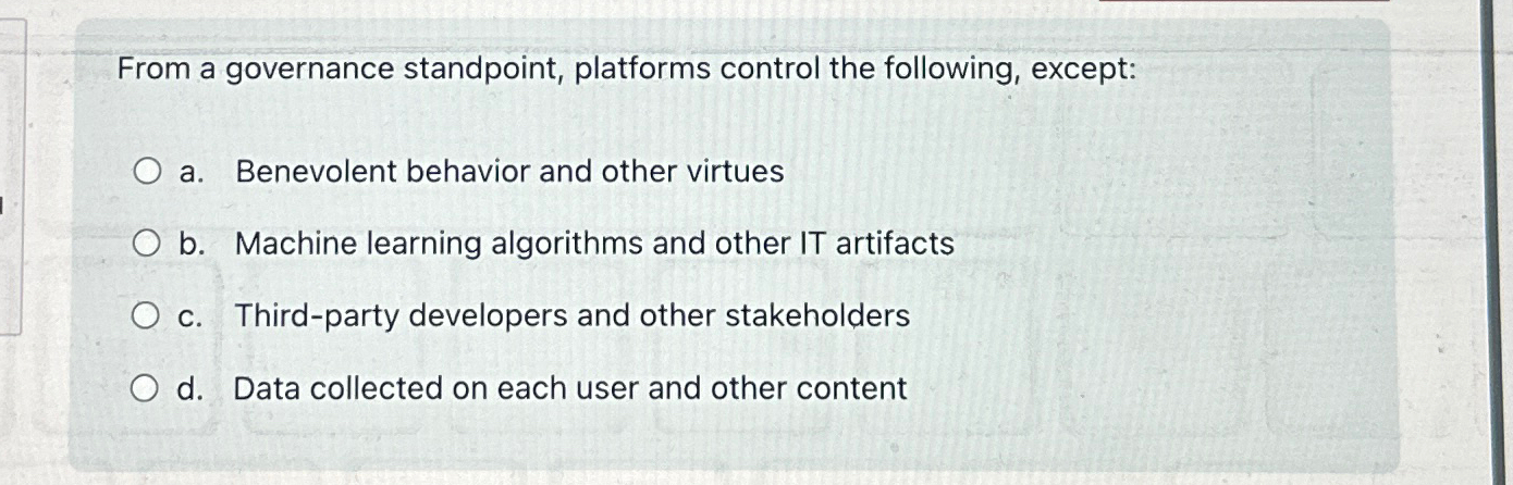 Solved From a governance standpoint, platforms control the | Chegg.com