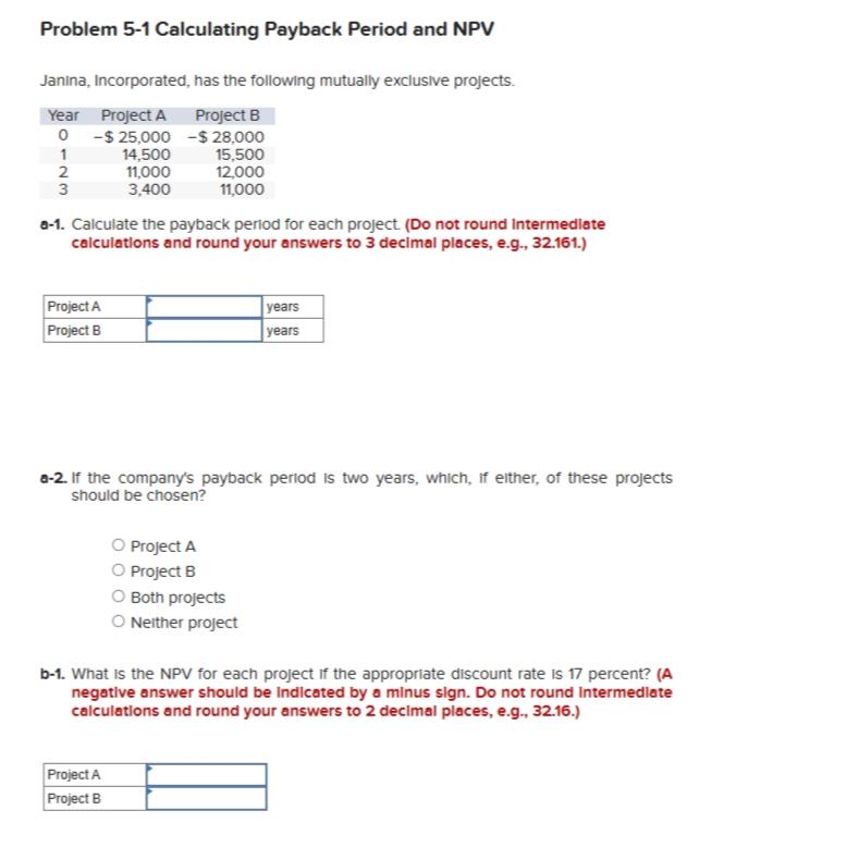 Solved Problem 5-1 ﻿Calculating Payback Period and | Chegg.com