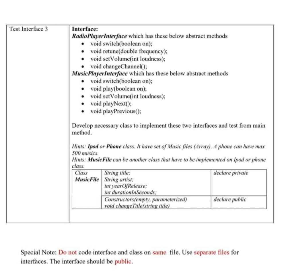 Solved Special Note: Do not code interface and class on same | Chegg.com