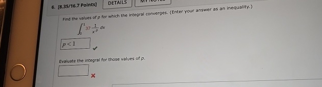 Solved [8.35/16.7 ﻿Points]DETAILSFind the values of p ﻿for | Chegg.com