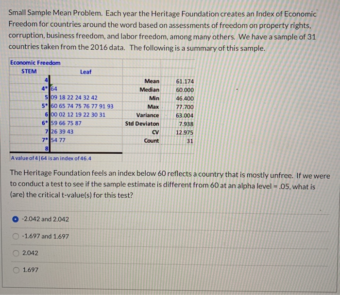 Solved Small Sample Mean Problem. Each year the Heritage | Chegg.com