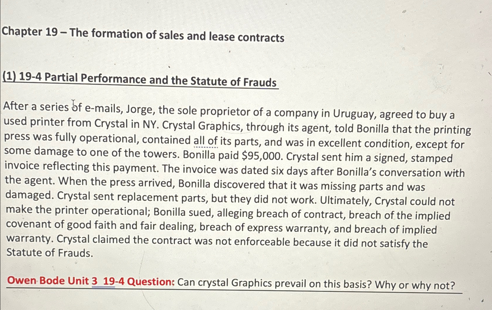 Solved Chapter 19 - ﻿The formation of sales and lease | Chegg.com