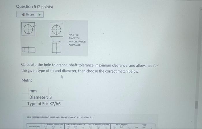 Solved Question 5 ( 2 points) Calculate the hole tolerance, | Chegg.com