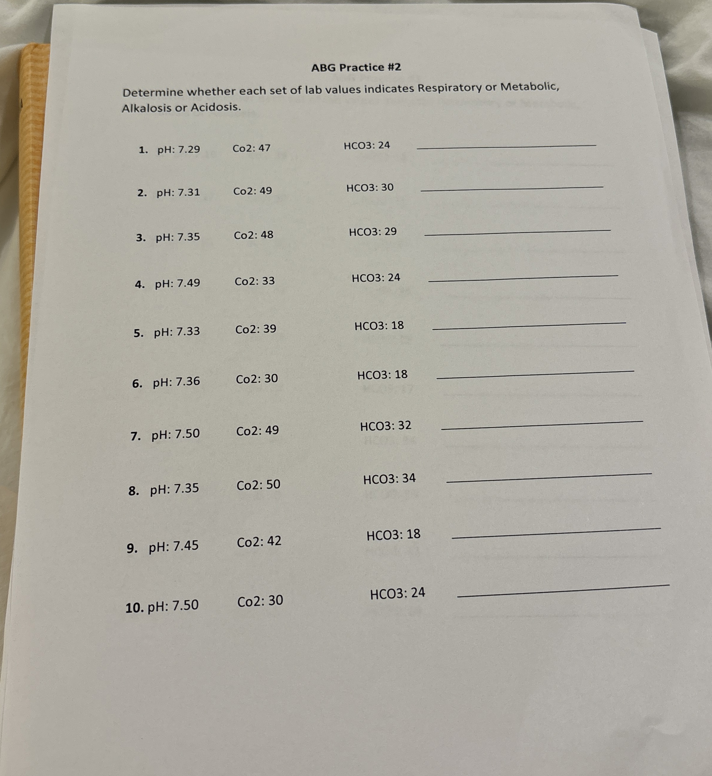 Solved ABG Practice #2Determine whether each set of lab | Chegg.com