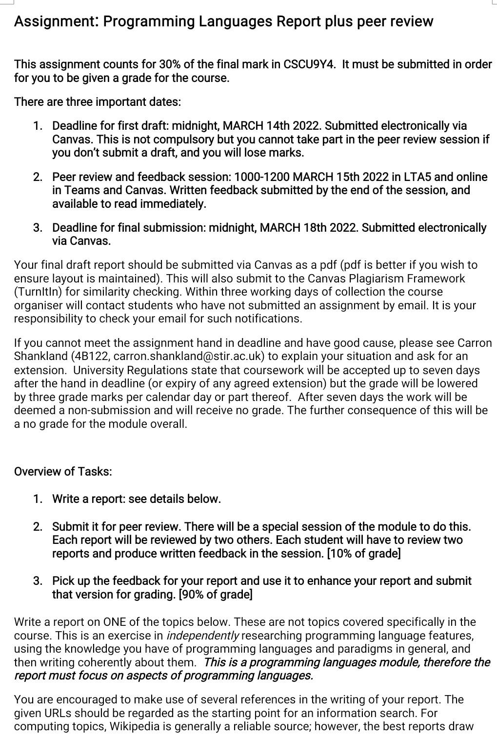 Assignment: Programming Languages Report plus peer | Chegg.com