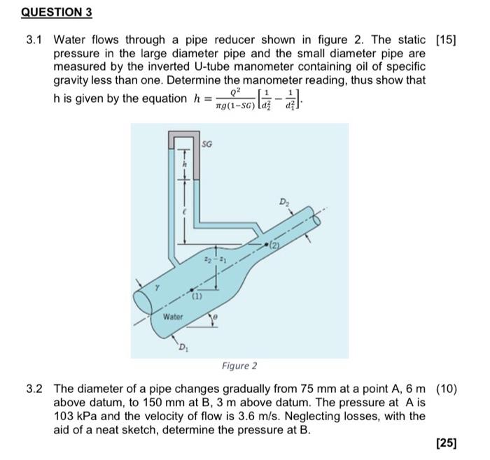 Solved QUESTION 3 3.1 Water flows through a pipe reducer | Chegg.com