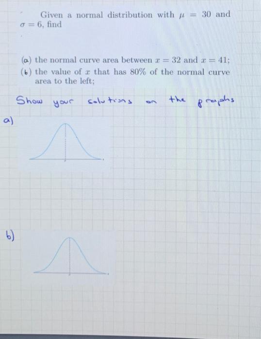 Solved a) 6) Given a normal distribution with = 30 and σ = | Chegg.com