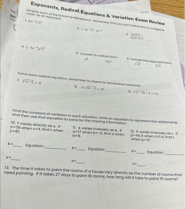 Solved Equations \& Variation Exam Review value as an expone | Chegg.com