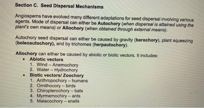 Solved Section C. Seed Dispersal Mechanisms Angiospems have | Chegg.com