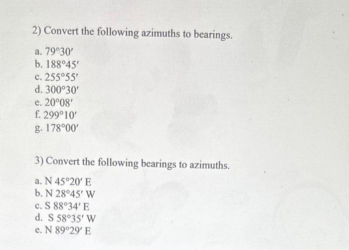 Solved 2) Convert the following azimuths to bearings. a. | Chegg.com