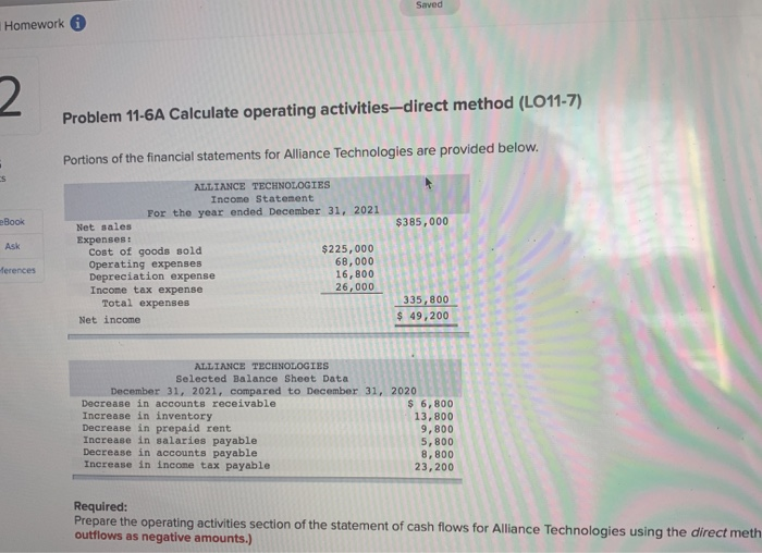 Solved Saved Homework Problem 11-6A Calculate operating | Chegg.com
