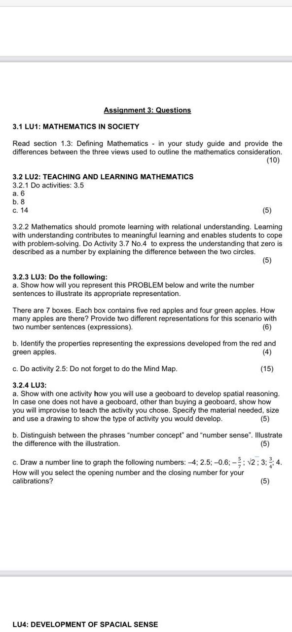Solved Assignment 3: Questions 3.1 LU1: MATHEMATICS IN | Chegg.com