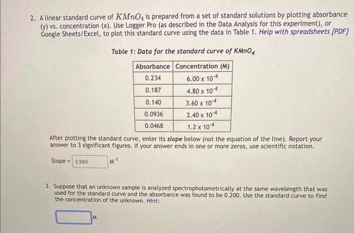 Solved 2. A linear standard curve of KMnO4 is prepared from | Chegg.com