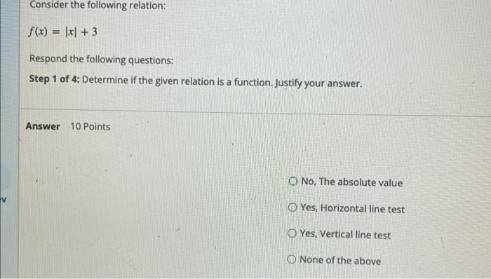 Solved Consider the following relation: f(x)=∣x∣+3 Respond | Chegg.com