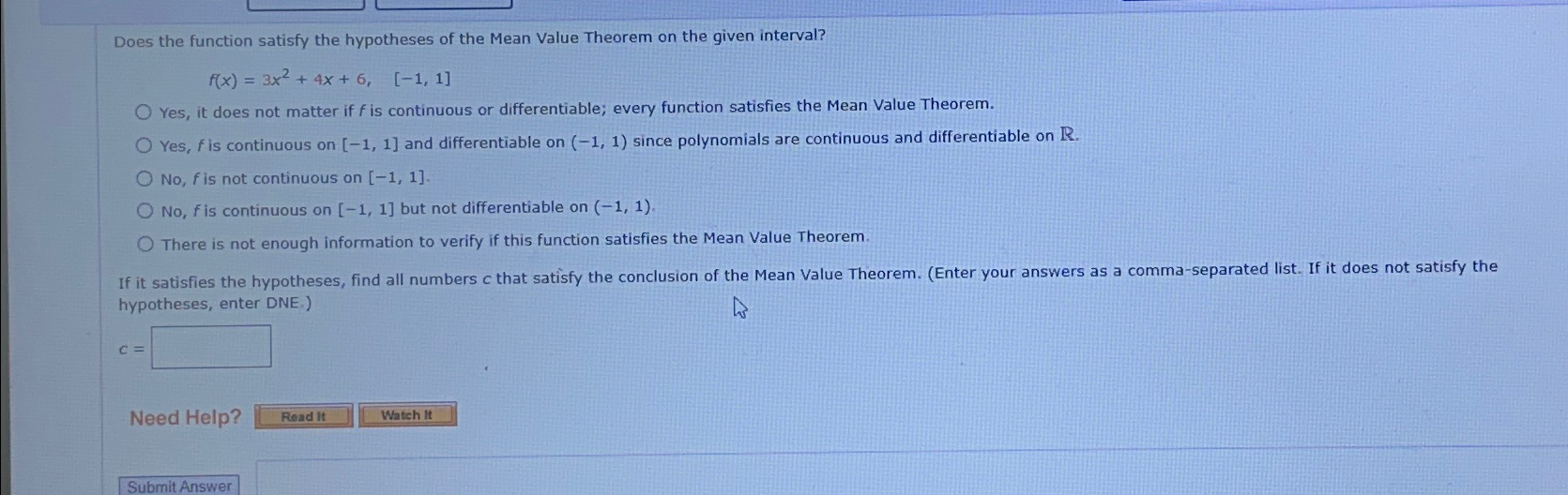 Solved Does the function satisfy the hypotheses of the Mean | Chegg.com
