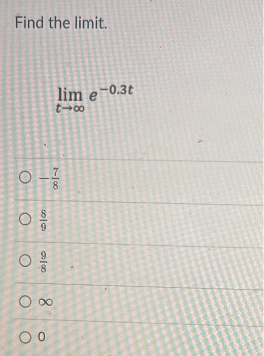 Solved Find the limit. limt→∞e−0.3t −87 98 89 ∞ 0 | Chegg.com