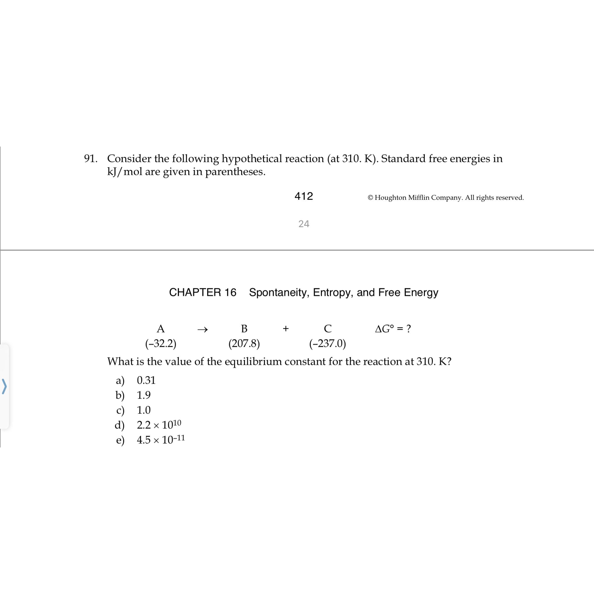 Solved Consider the following hypothetical reaction (at 310. | Chegg.com
