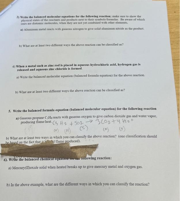 Solved 3) Write the balanced molecular equations for the | Chegg.com