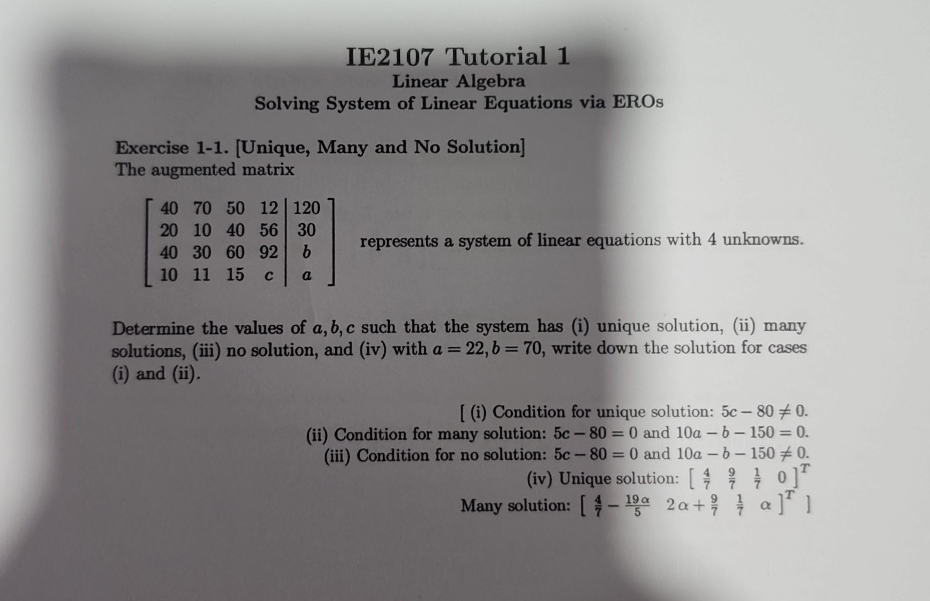 Solved IE2107 ﻿Tutorial 1Linear AlgebraSolving System of | Chegg.com
