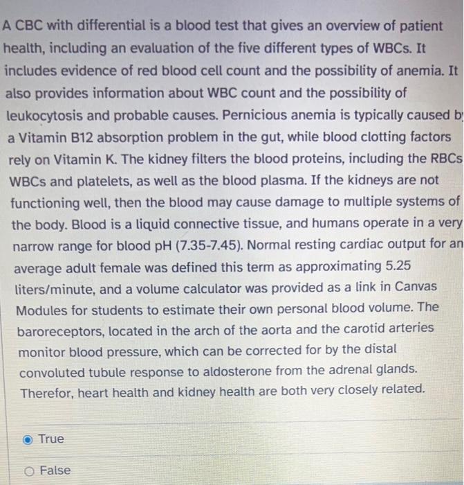 Solved A CBC with differential is a blood test that gives an | Chegg.com