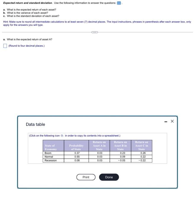 Solved Expected return and standard deviation. Use the | Chegg.com