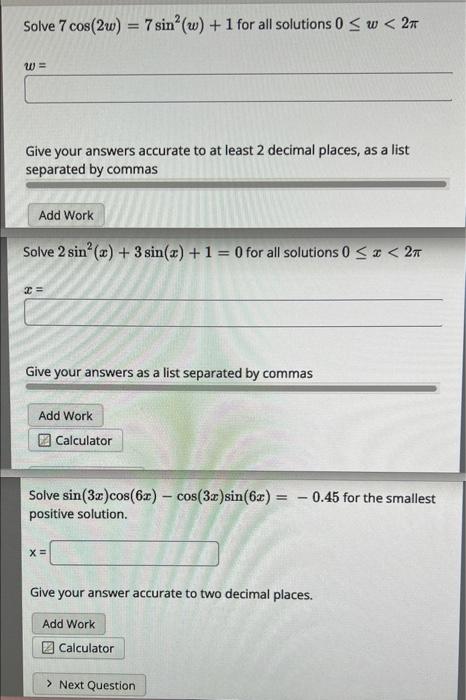 Solved Solve 7 cos(2w) = 7 sinº (w) + 1 for all solutions 0 | Chegg.com