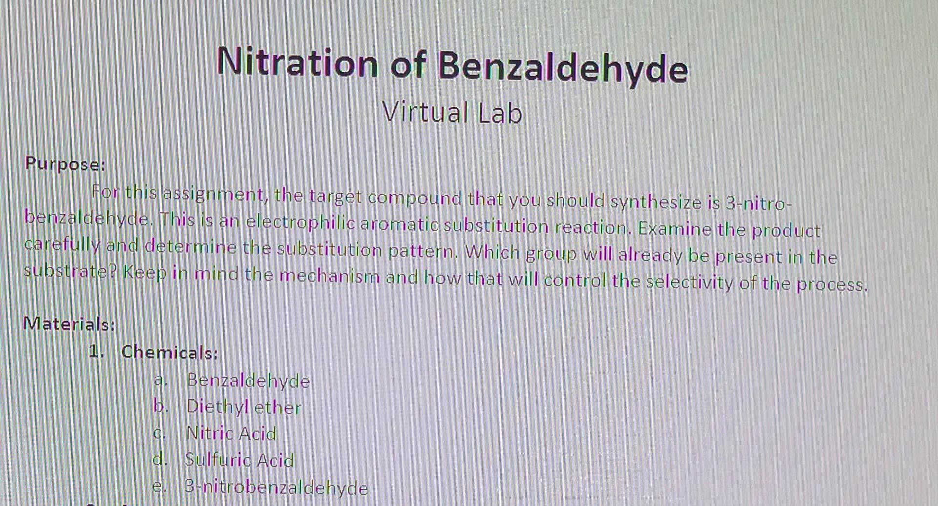 Solved Nitration of Benzaldehyde Virtual Lab Purpose: For | Chegg.com