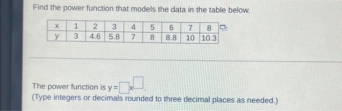 Solved Find the power function that models the data in the | Chegg.com