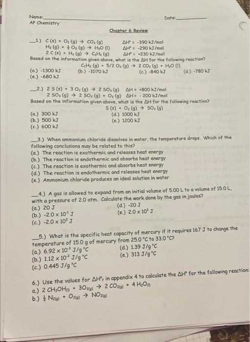 Solved Name: AP Chemistry Date: Chapter 6. Review -1.) C (s) | Chegg.com