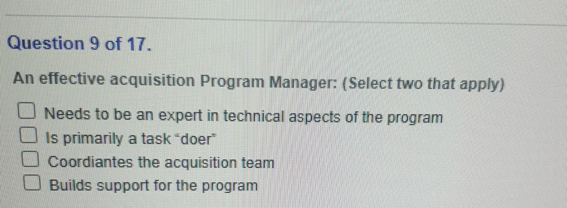 Solved Question 9 ﻿of 17.An effective acquisition Program | Chegg.com