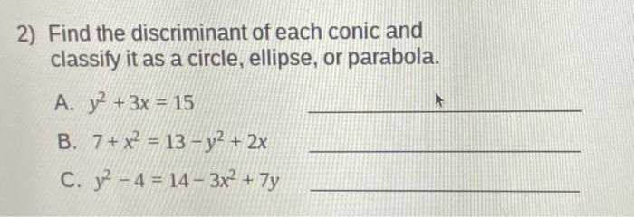 Solved 2) Find the discriminant of each conic and classify | Chegg.com