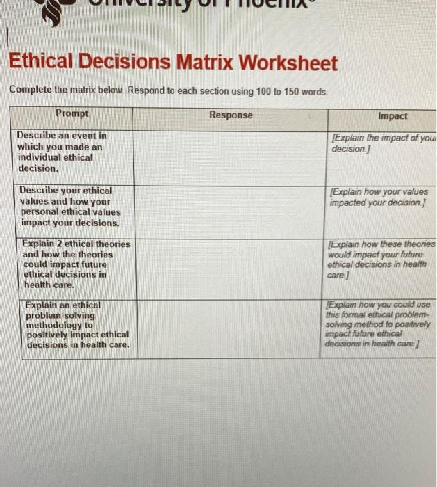 Solved Ethical Decisions Matrix Worksheet Complete the | Chegg.com