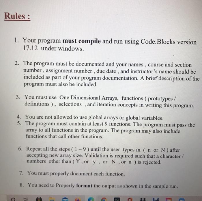 Solved must use One Dimensional Arrays, functions(protoypes, | Chegg.com