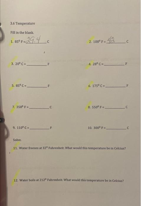 Solved 3.6 Temperature Fill in the blank. 1. 85∘F= c 2. | Chegg.com