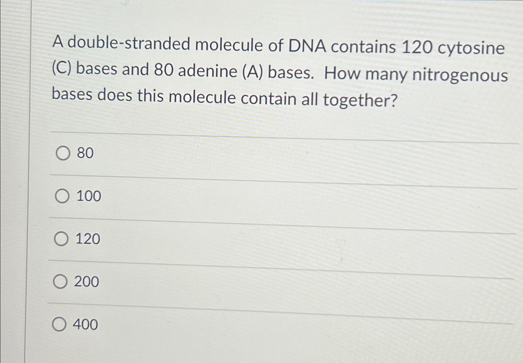 Solved A double-stranded molecule of DNA contains 120 | Chegg.com